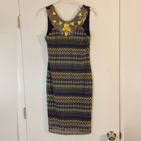 Alya | Dresses | Alya Navy And Yellow Geometric Midi Dress | Poshmark